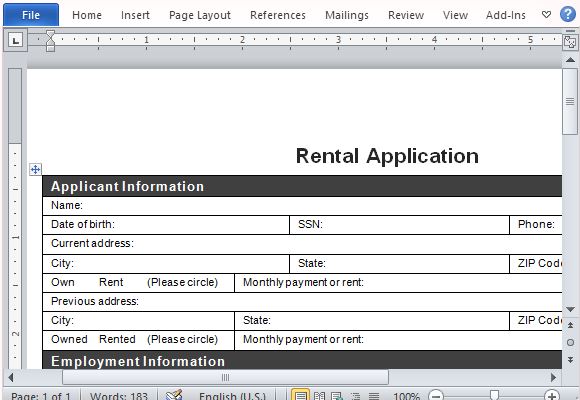 Rental Application Form For Word