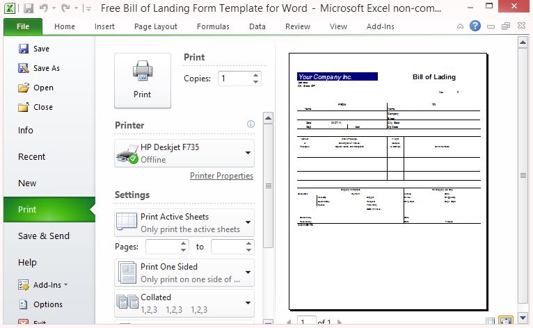 Free Bill of Lading Form Template for Excel
