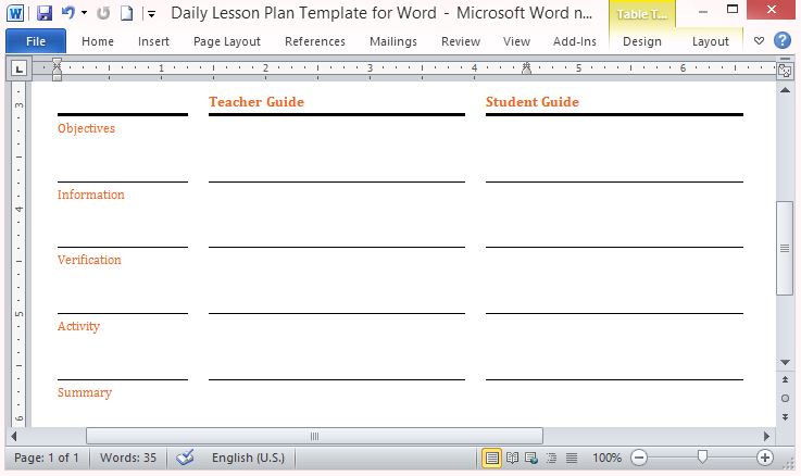 Microsoft Word Template for Making Daily Lesson Plans