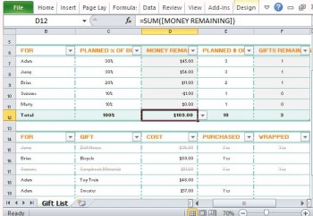 Gift List Template for Microsoft Excel