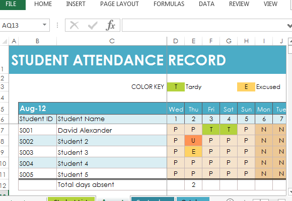 Convenient student attendance record for excel